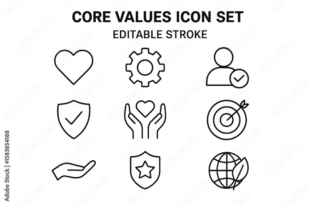 Core values line icon set. Business ethics, mission, vision, and ...