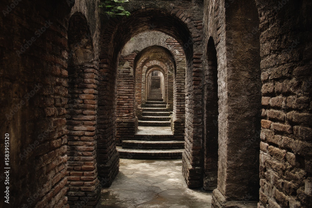 Vintage Arched Passageway with Brick Pillars and Stone Columns in an ...