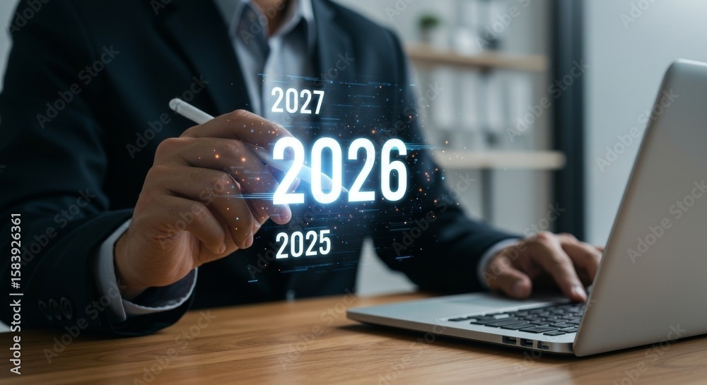 Businessman using laptop with futuristic graphic of the years 2025 ...