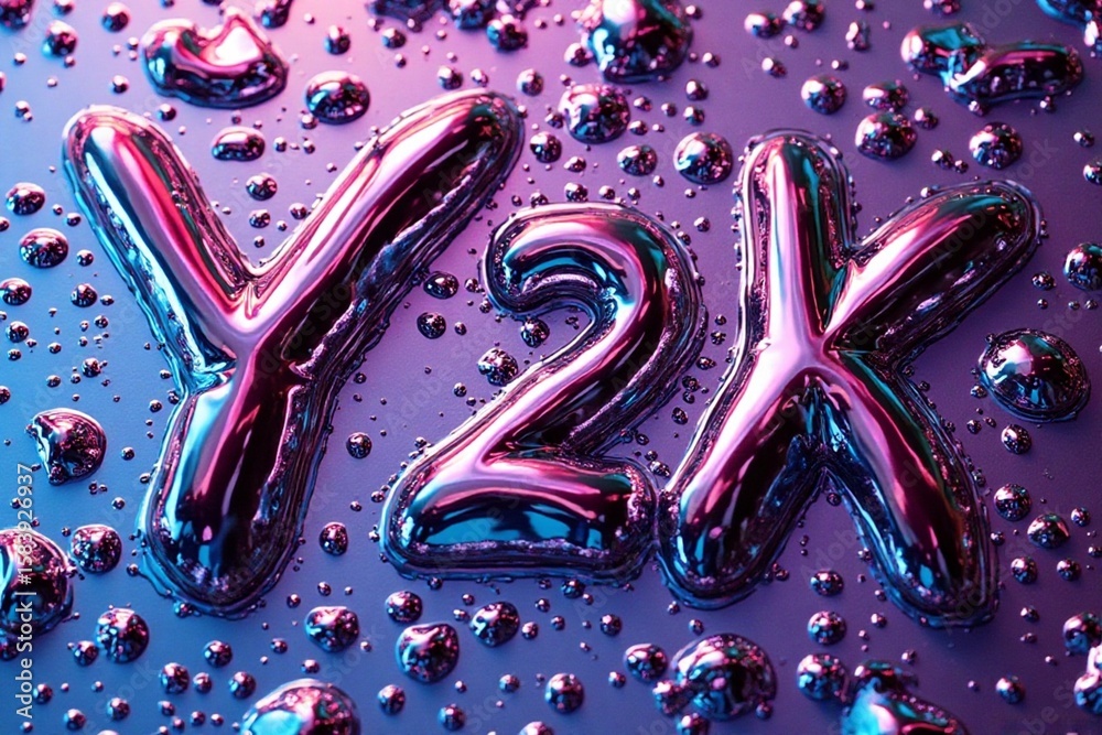 Vibrant Y2K chrome lettering with liquid droplets on a reflective ...