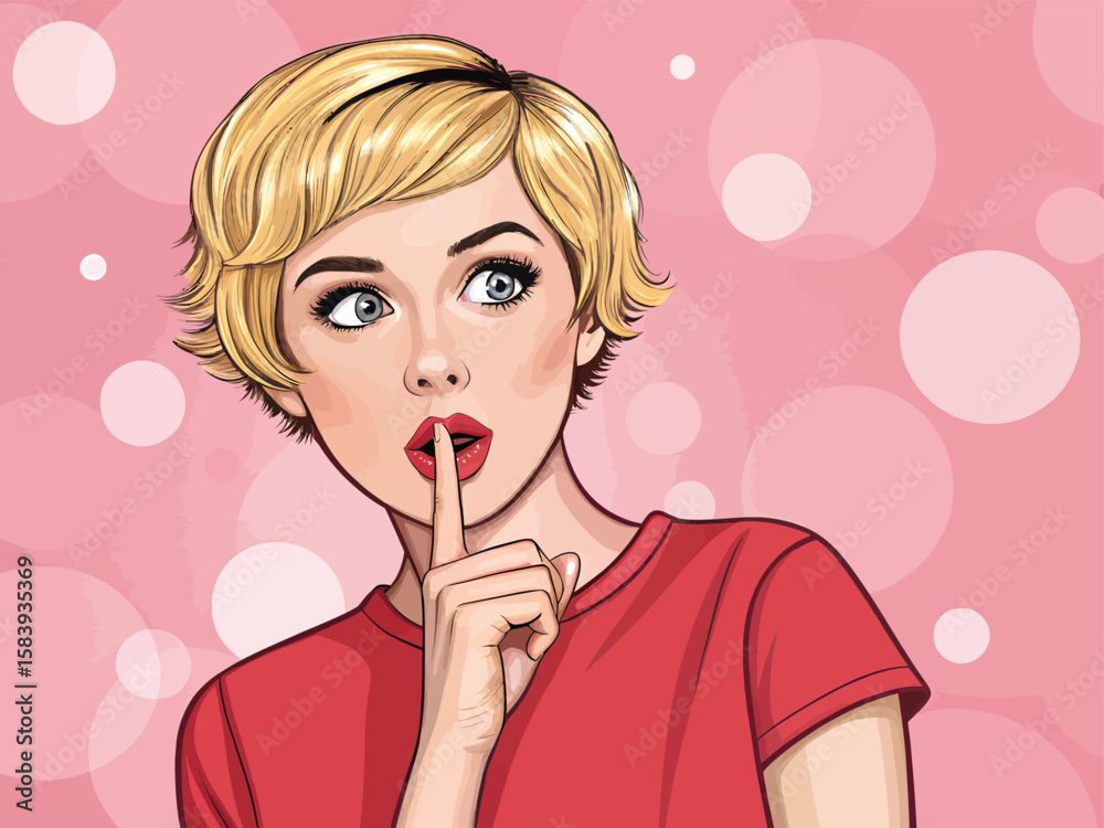 Cartoon woman shushing with finger on lips asking for silence with ...