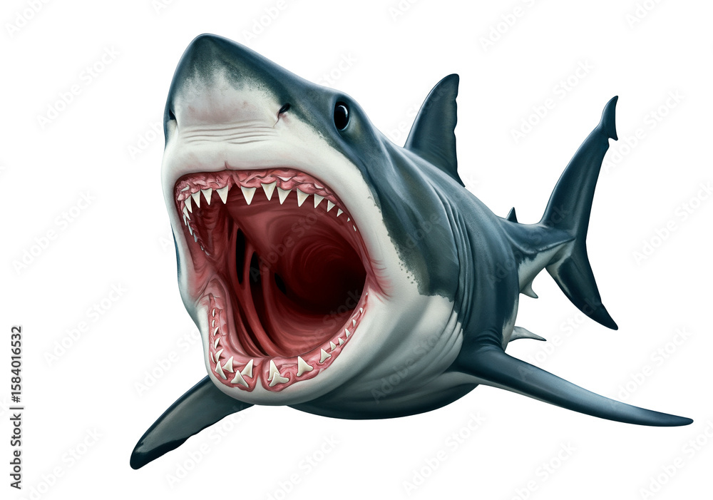 Great white shark with jaws wide open, sharp teeth showing, marine ...