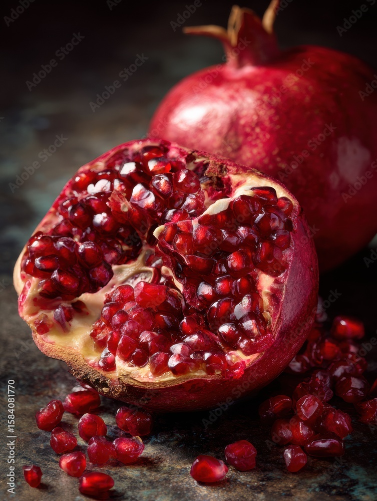 Juicy Pomegranate Split Open Revealing Vibrant Red Seeds Spilling out ...