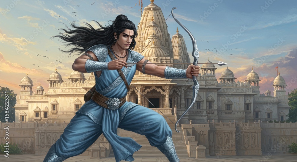 Archer with determination aiming bow in front of grand temple structure ...