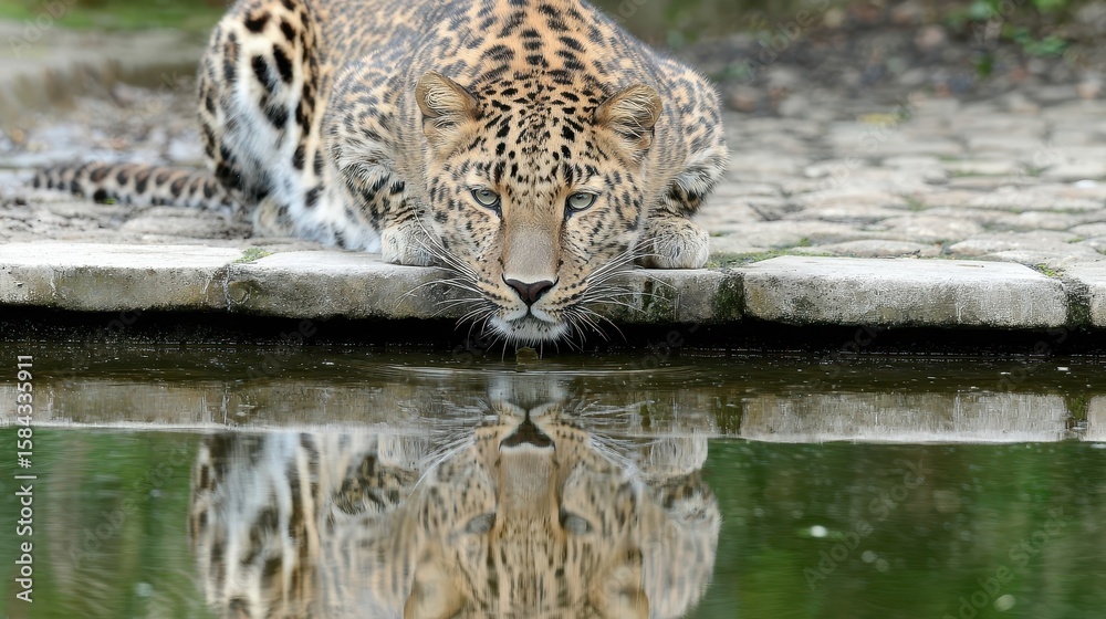 A magnificent leopard rests by a water source, its reflection mirroring ...