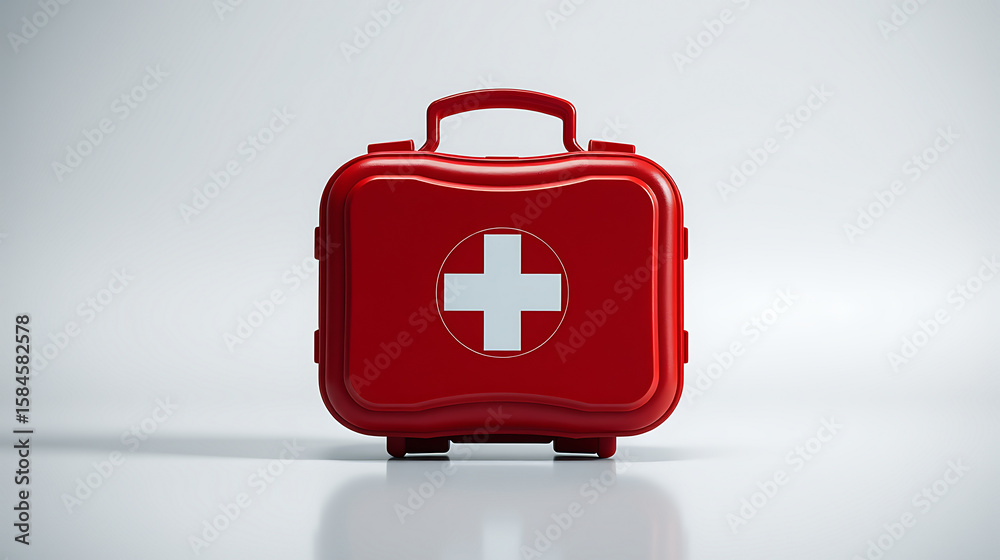 Classic red first aid kit symbolizes safety and preparedness on a clean ...