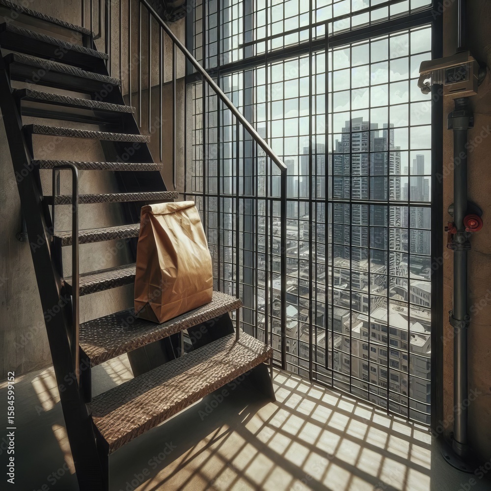 Fire Escape Landing A brown paper bag left on the metal grating Stock ...