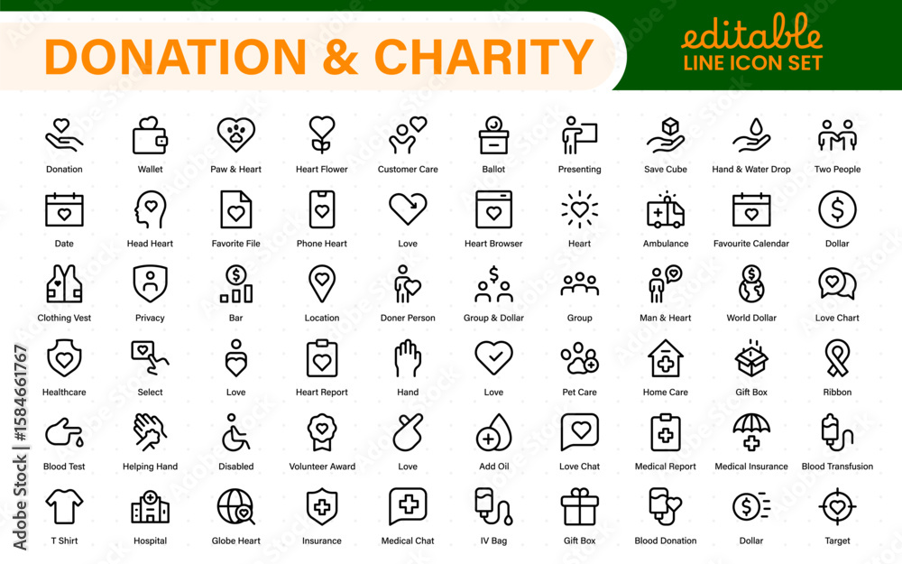 Donation and Charity Icons Collection. Outline Symbols for Giving ...