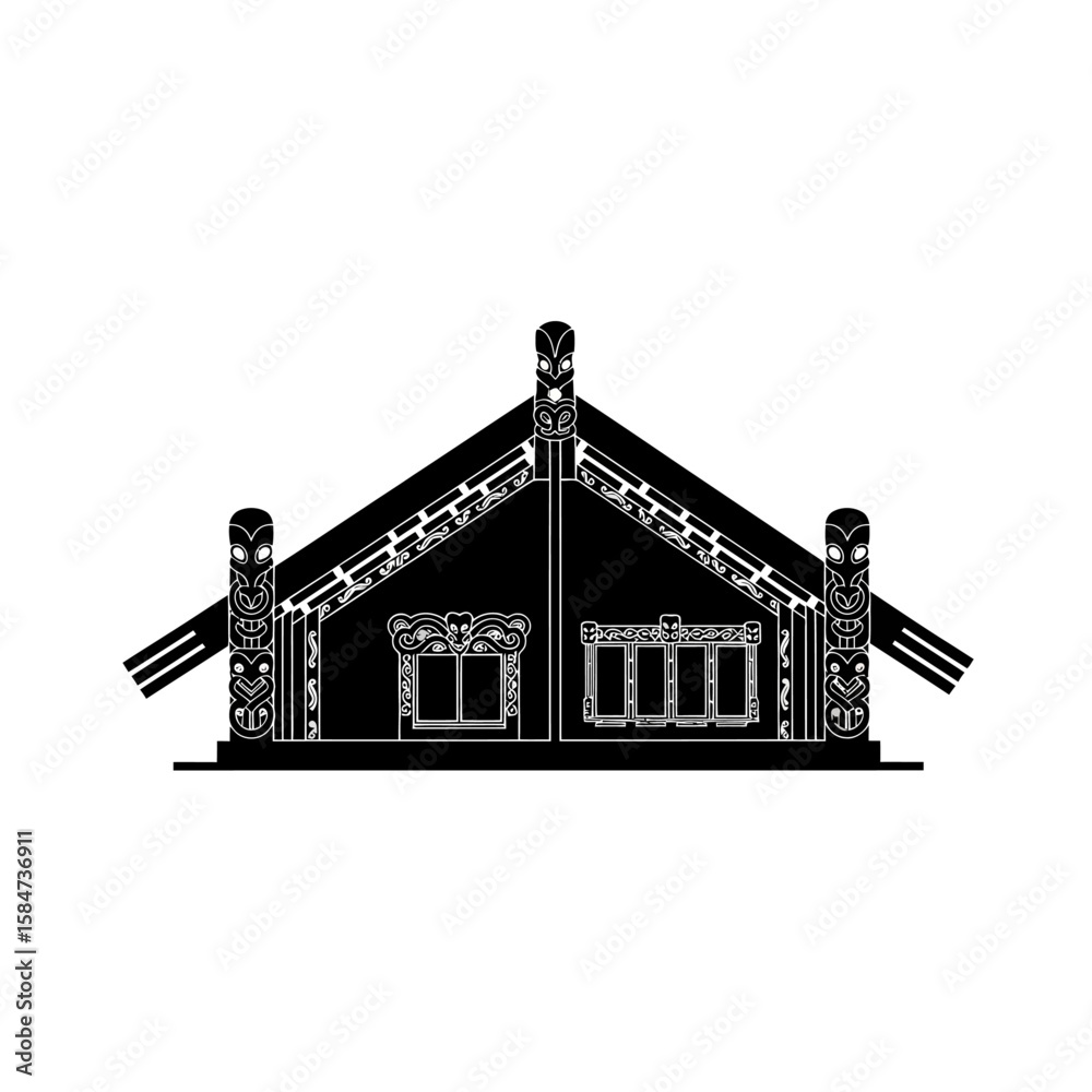 Vector de Stock Black and white illustration of a Maori meeting house ...