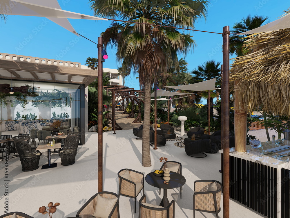 Ilustración de Stock Render 3D realista de restaurante beach club en ...