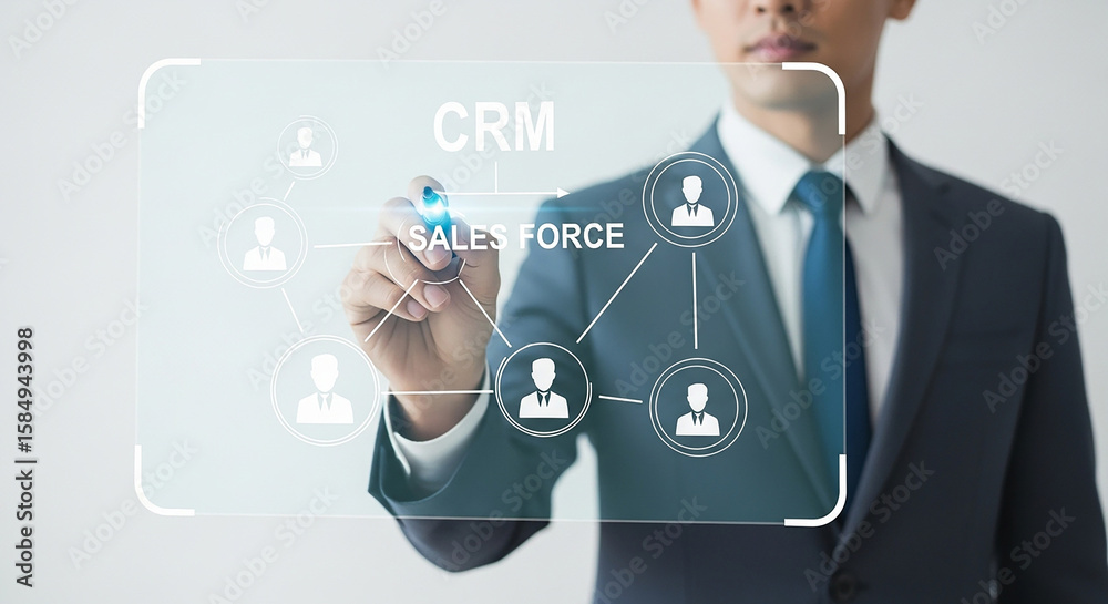 Businessman drawing crm and sales force diagram on transparent screen ...