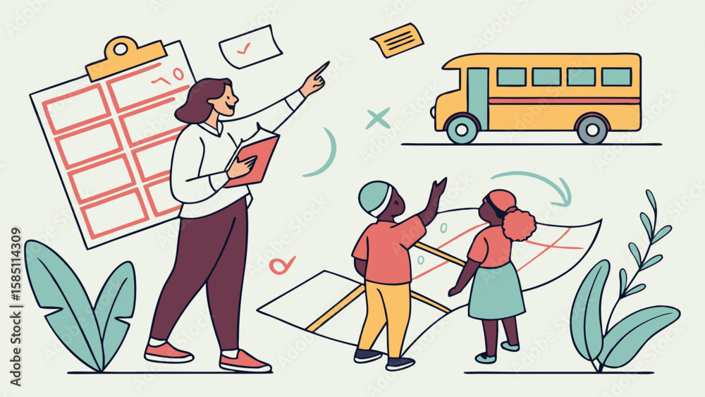 Teacher planning a school bus route with students using a map and a ...