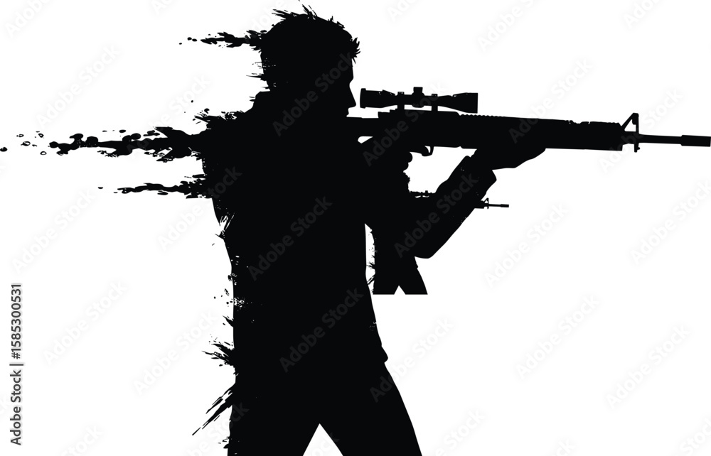 MobileSilhouette of armed sniper holding rifle with dramatic ink ...