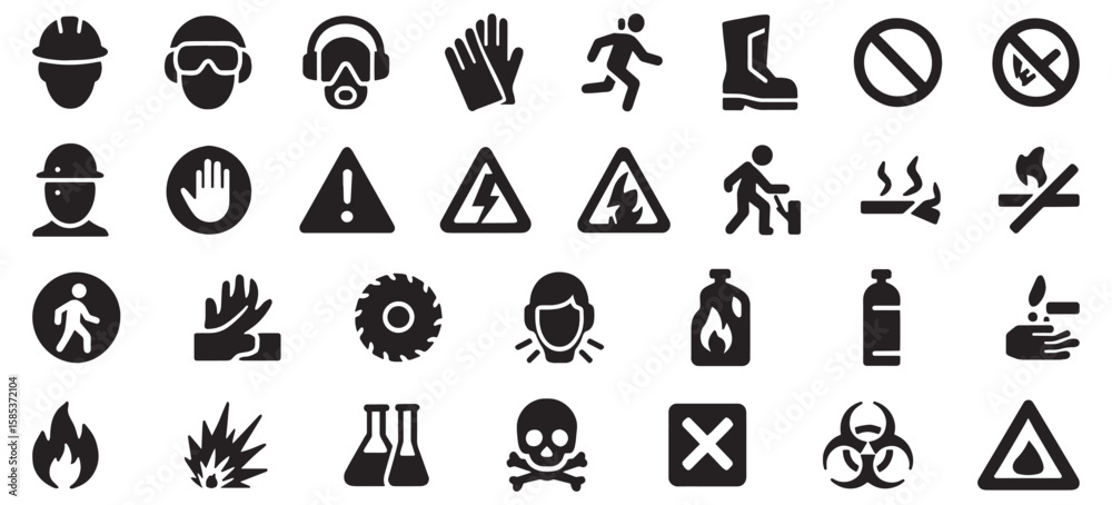 Industrial Safety Label Glyph Icons – Bold and Unique Black Vector ...