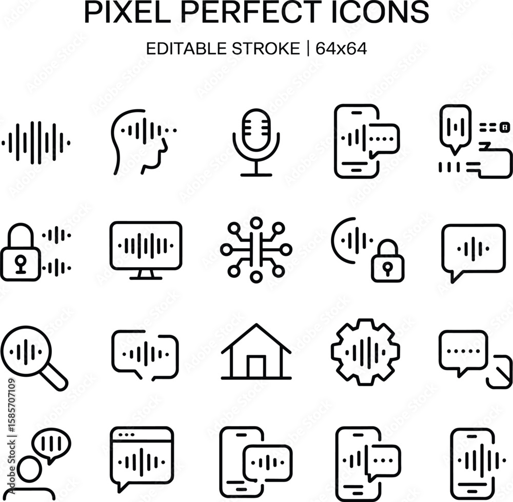 Voice recognition icons, speech technology signs, secure audio interface, mobile sound interface ...