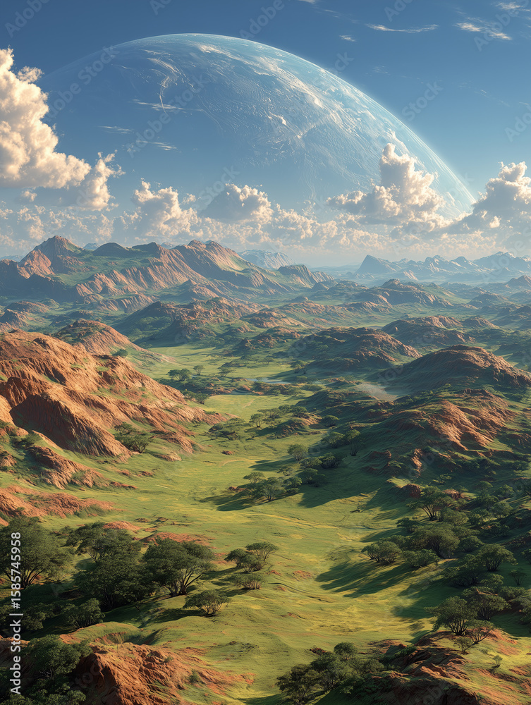 Terraforming mars, lush vegetation growing under a giant planet Stock ...