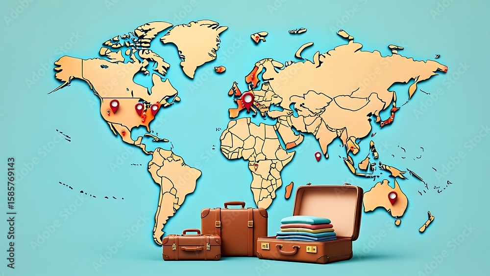 A world map marked with red location pins indicating various ...