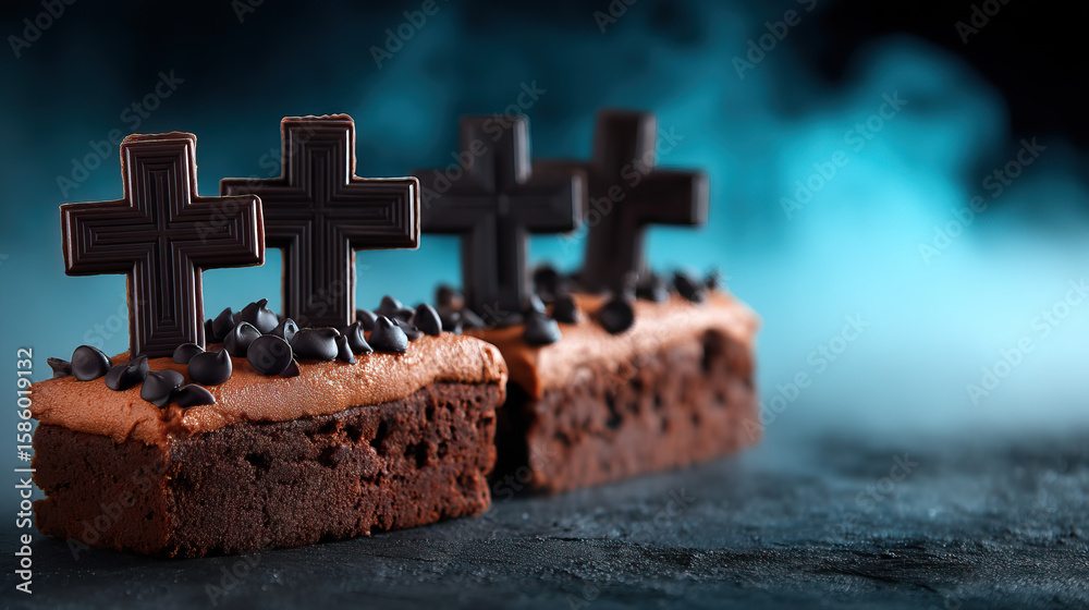 Stock-Foto „Chocolate tombstone cake with chocolate chips on dark ...