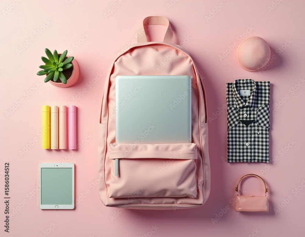 Equipo escolar para el regreso a clases con mochila, ordenador portátil ...