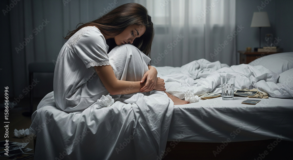 Young woman sitting alone on bed, her posture showing signs of mental ...