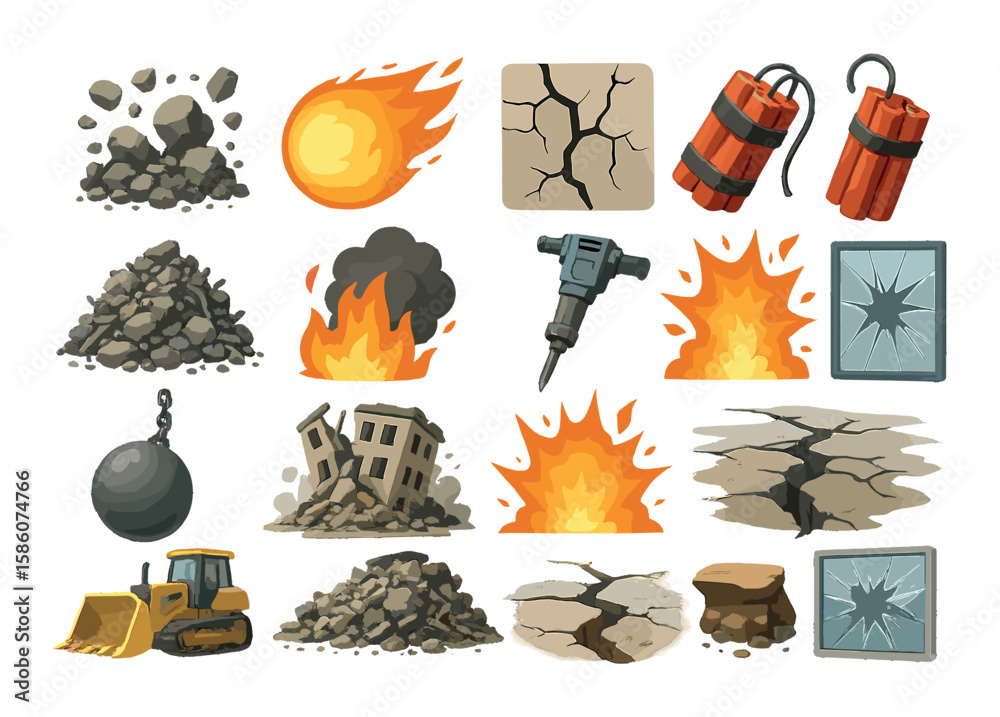 debris, fireball, cracked wall, dynamite, rubble pile, twisted metal ...