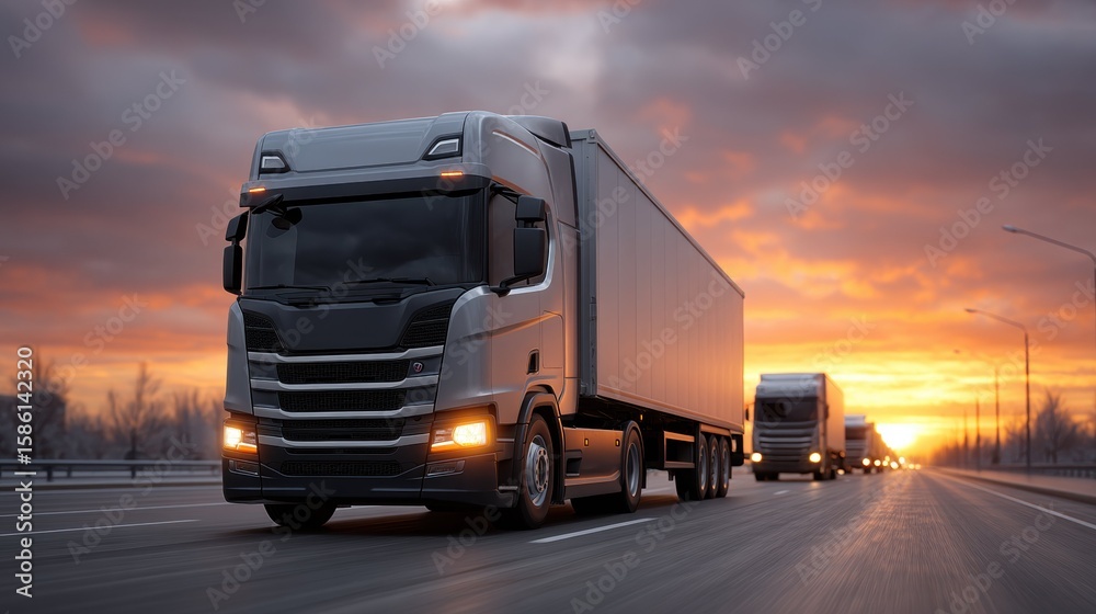 Convoy of Trucks Driving on Highway During Sunset Scenic Transport ...