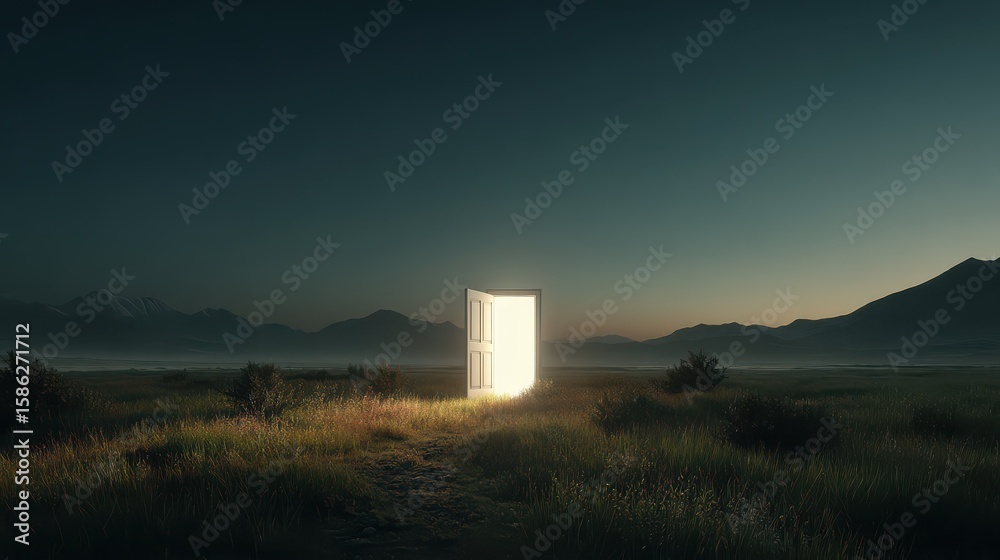 Light shining trough open door in field landscape at night, concept of ...