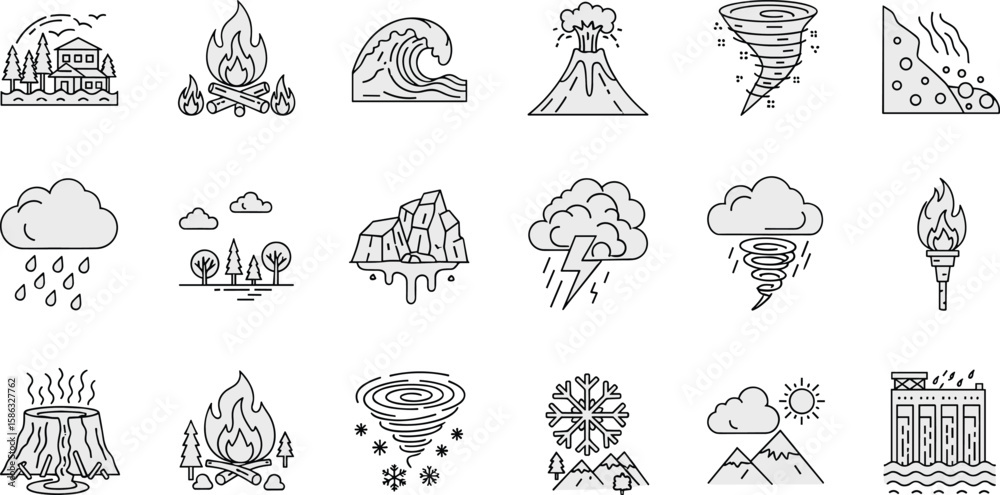 Natural disaster icons, weather symbols, environmental hazards, volcano ...