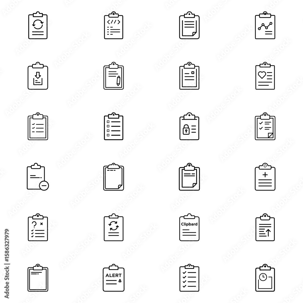 Collection of various clipboard icons displaying different symbols and ...