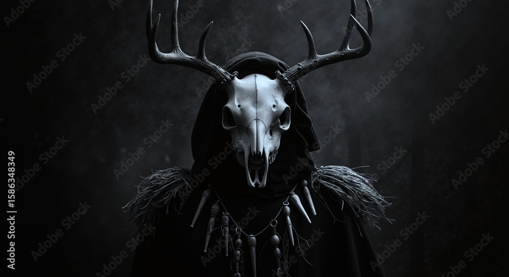 Shaman with deer skull mask, antlers, feathers, dark hood. Mystical ...