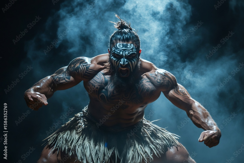 Strong Maori warrior performing a haka, a traditional war dance, with ...