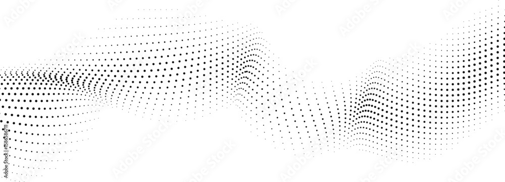 Abstract flowing wave pattern composed of numerous small black dots on ...