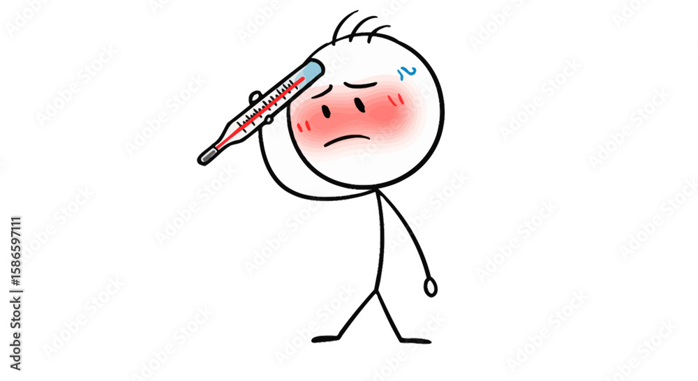 Sick stick figure with thermometer, fever, flu, cold symptoms, health ...