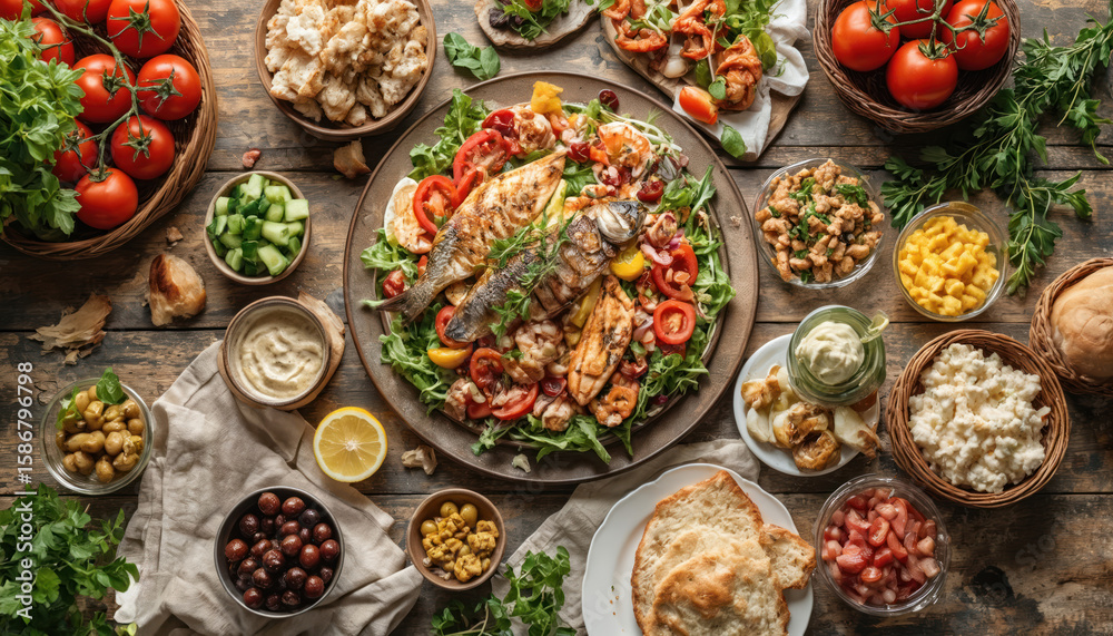 Generous spread of traditional Greek food features grilled fish, shrimp ...