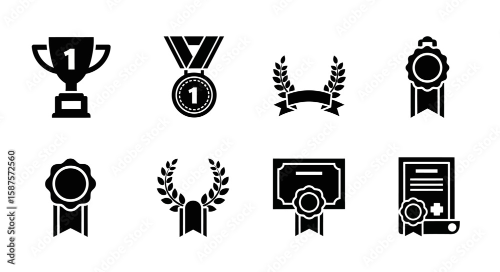 Award Icons: An assortment of achievement symbols including a trophy, a ...