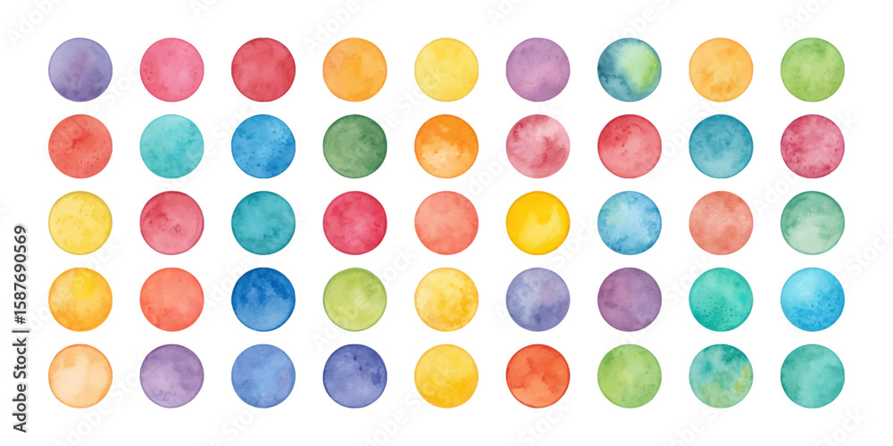 watercolor collection of round circle shapes and colorful dot stains in ...