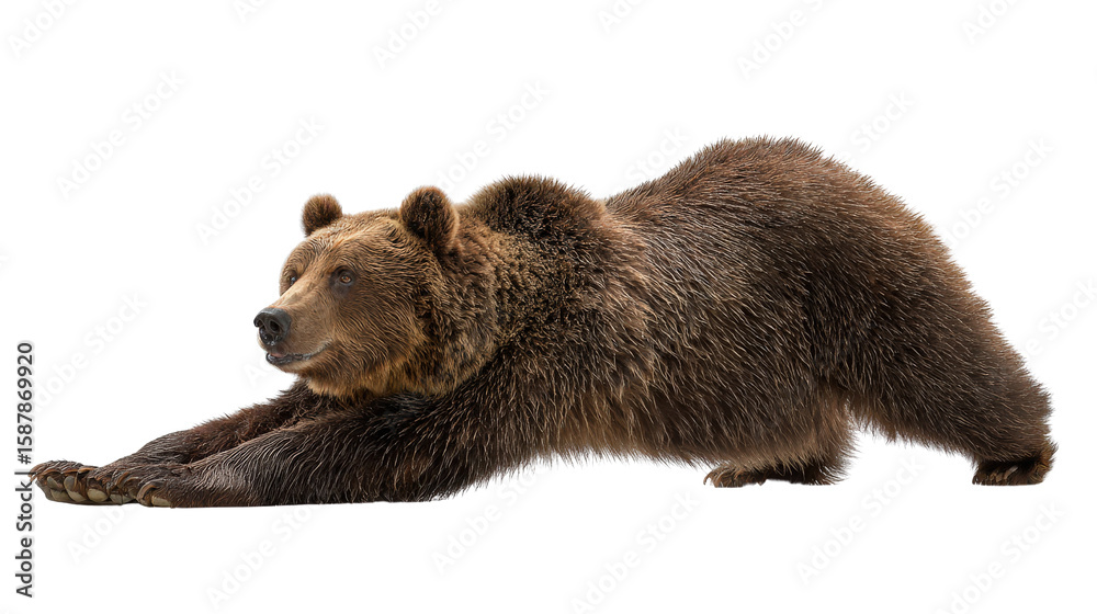 Bear stretching its body after waking up shown isolated on a ...