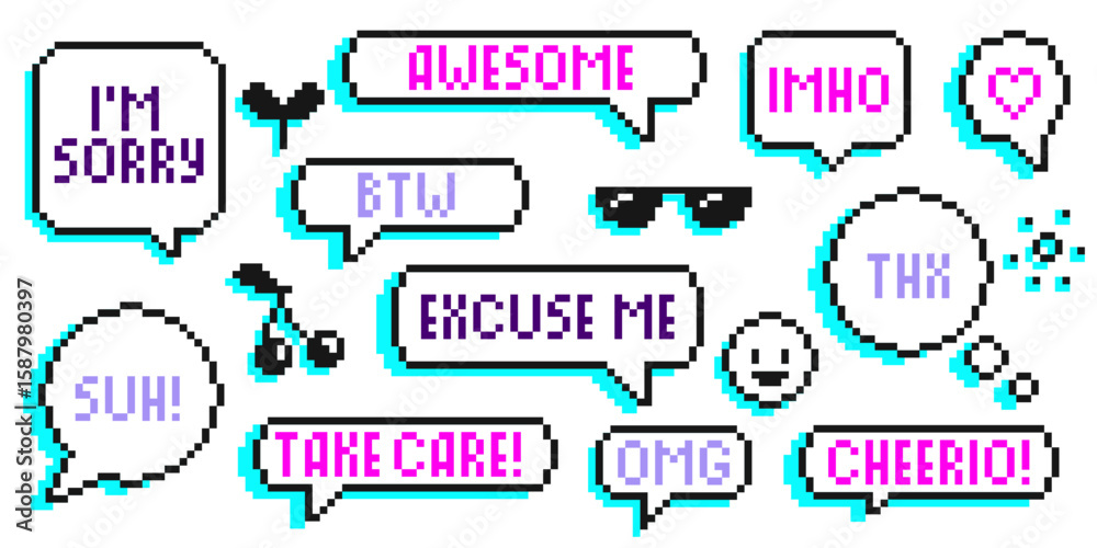 Pixel art speech bubble collection with trendy text phrases - retro ...