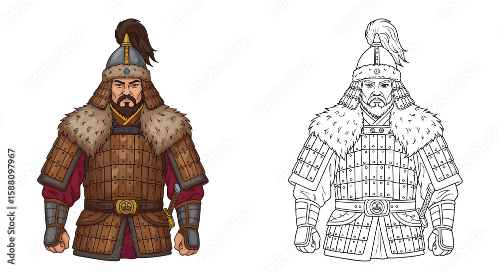 Mongol General Coloring Page with Colored and Outline Depiction ...