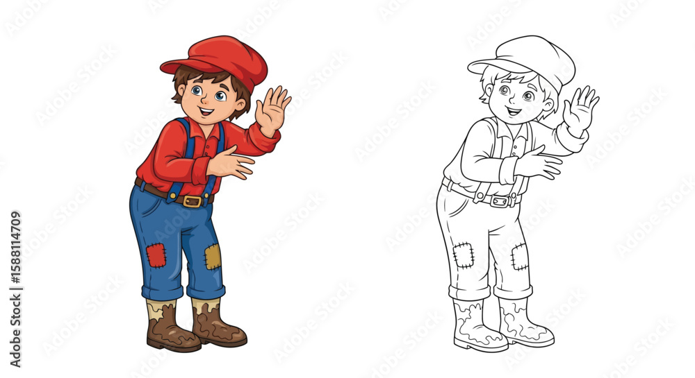 Inquisitive Curious Farm Boy Coloring Page with Both Colored and ...