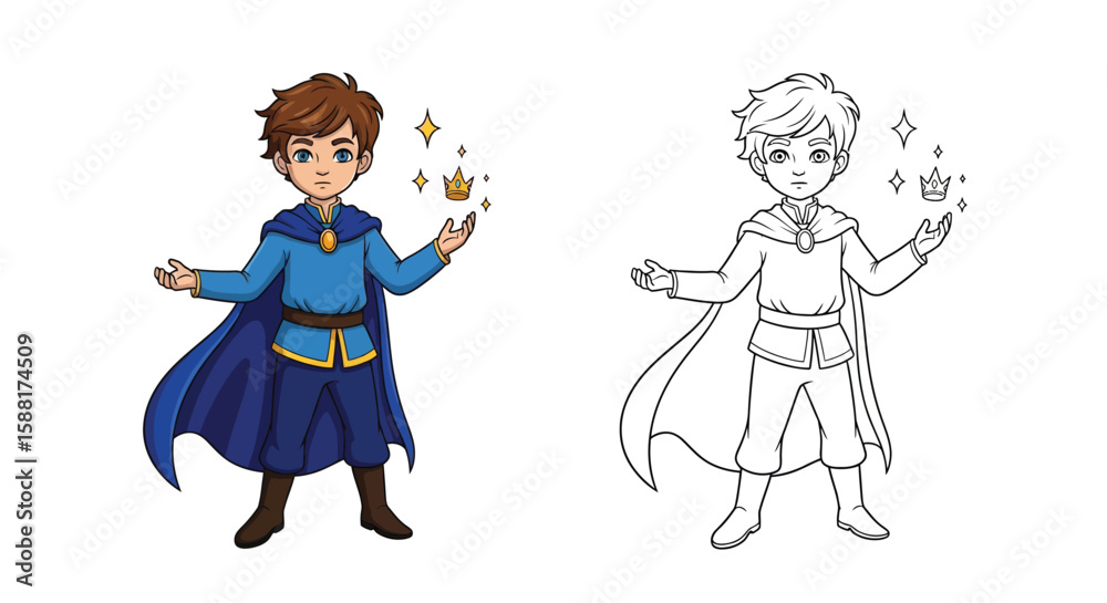 The Enchanted Prince Coloring Page with Colored and Outline Poses ...