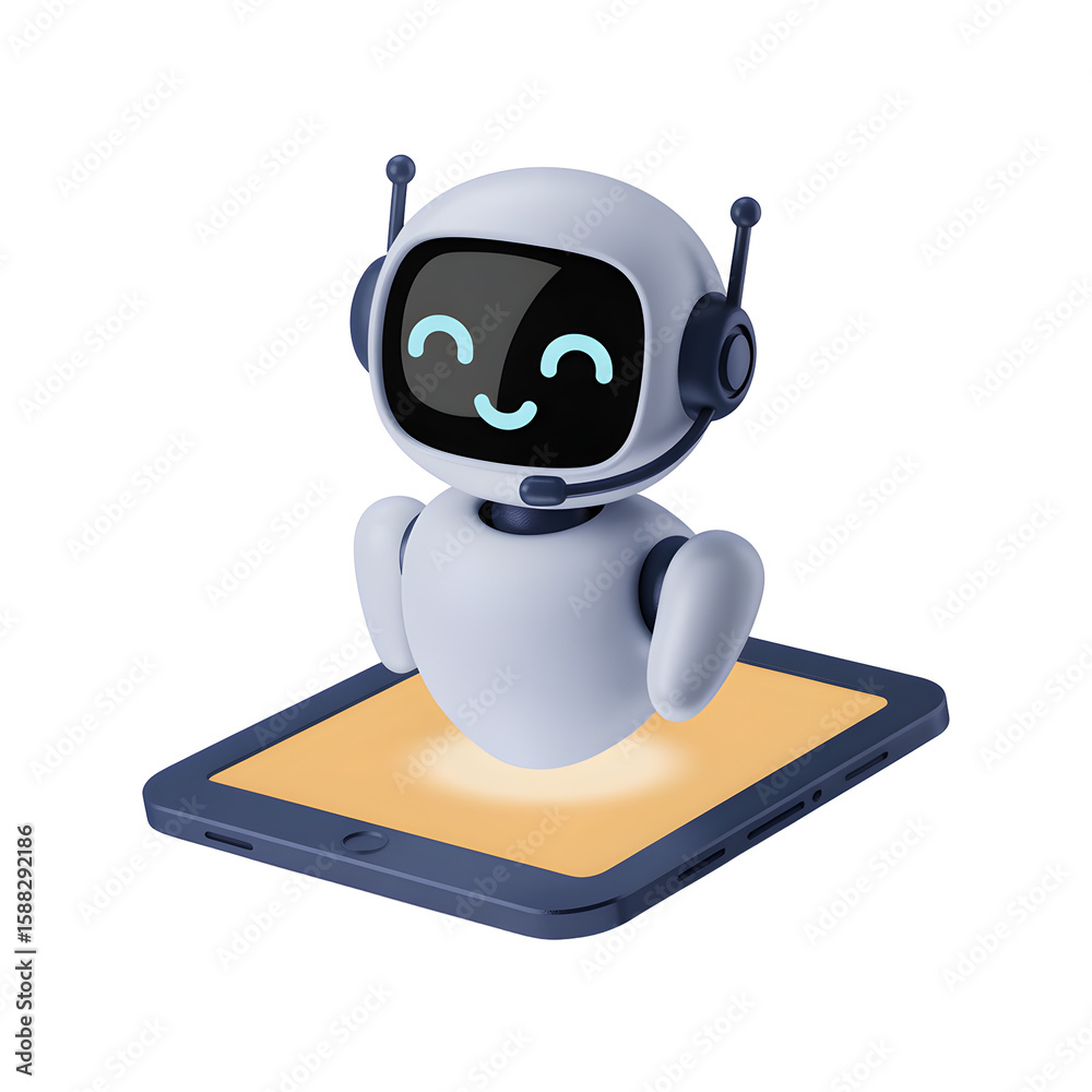 Cute chatbot character floating above a tablet device creates a ...