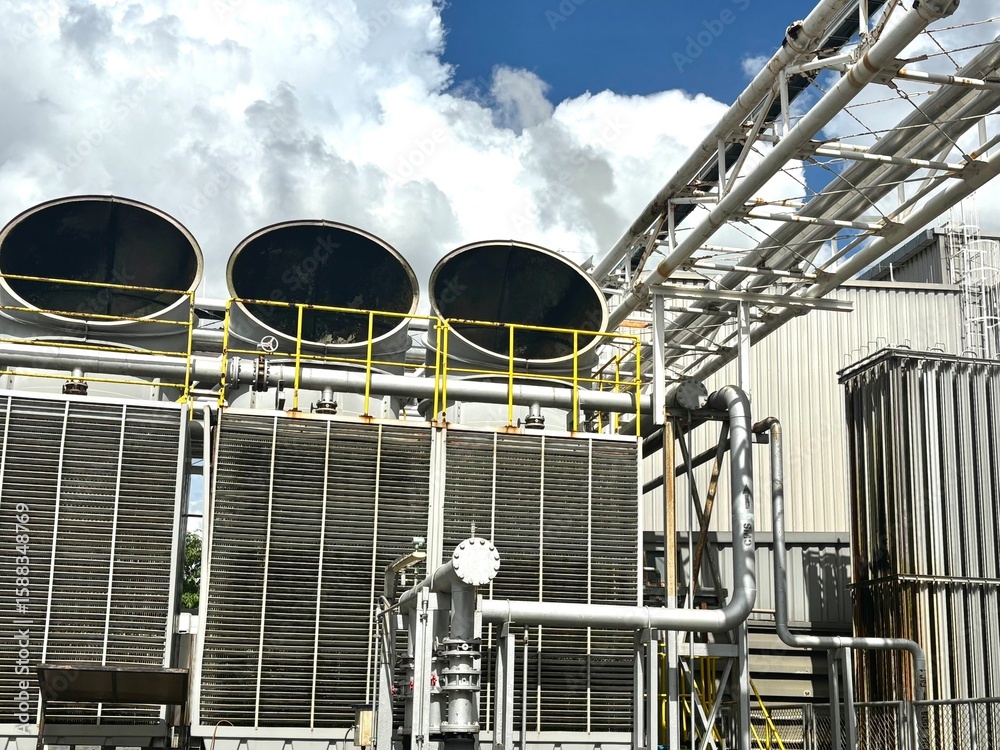 Stock-Foto „Industrial cooling tower system with metal piping, heat ...