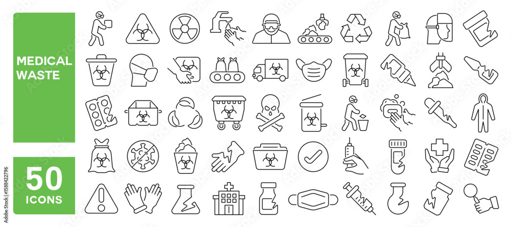 Set of 50 line icons related to medical waste, infectious, biohazard ...
