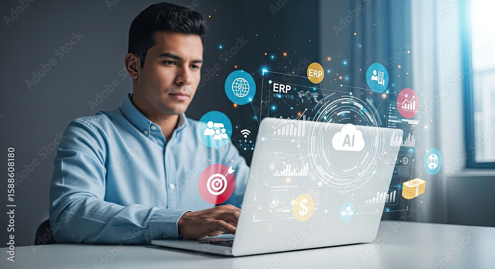 Man Analyzing Business Data with AI on Laptop: Enterprise Resource ...