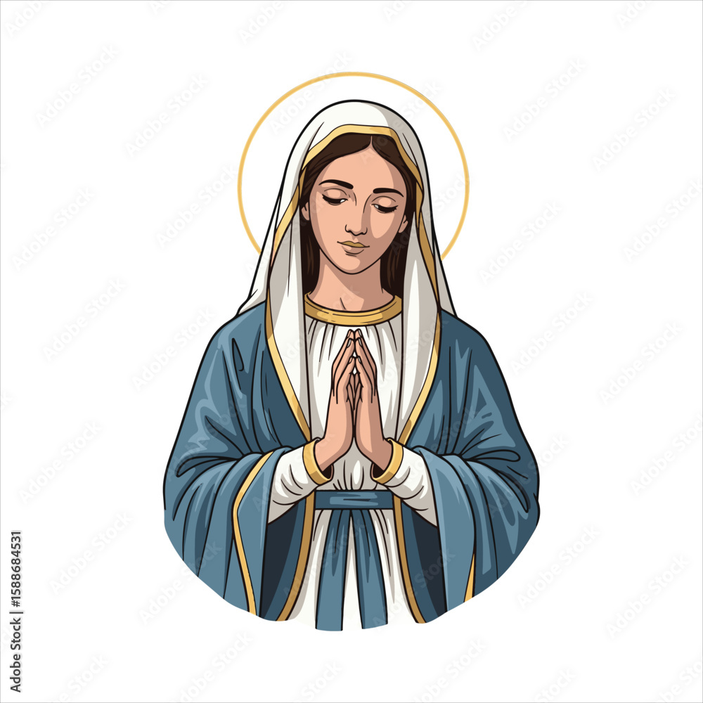 Serene depiction of the Virgin Mary, hands clasped in prayer, wearing a ...