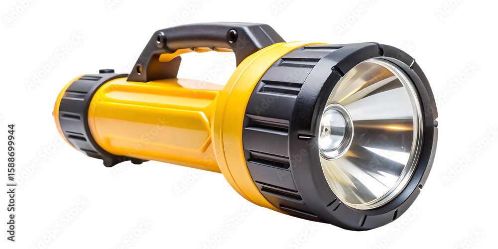 Yellow and black heavy duty flashlight with a large reflector and ...