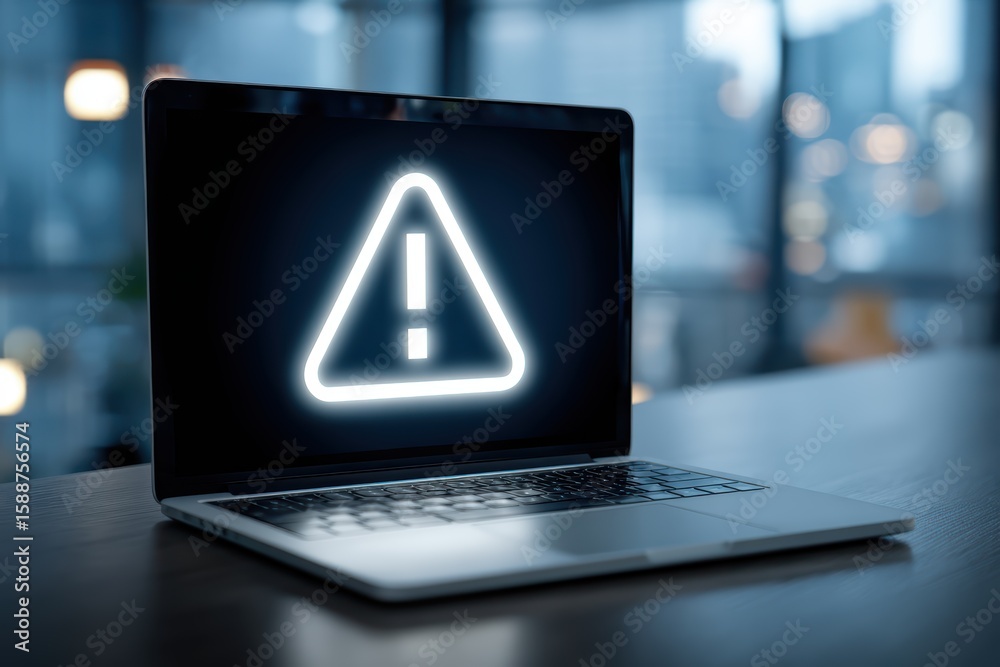 Laptop screen displaying white warning sign with exclamation mark ...