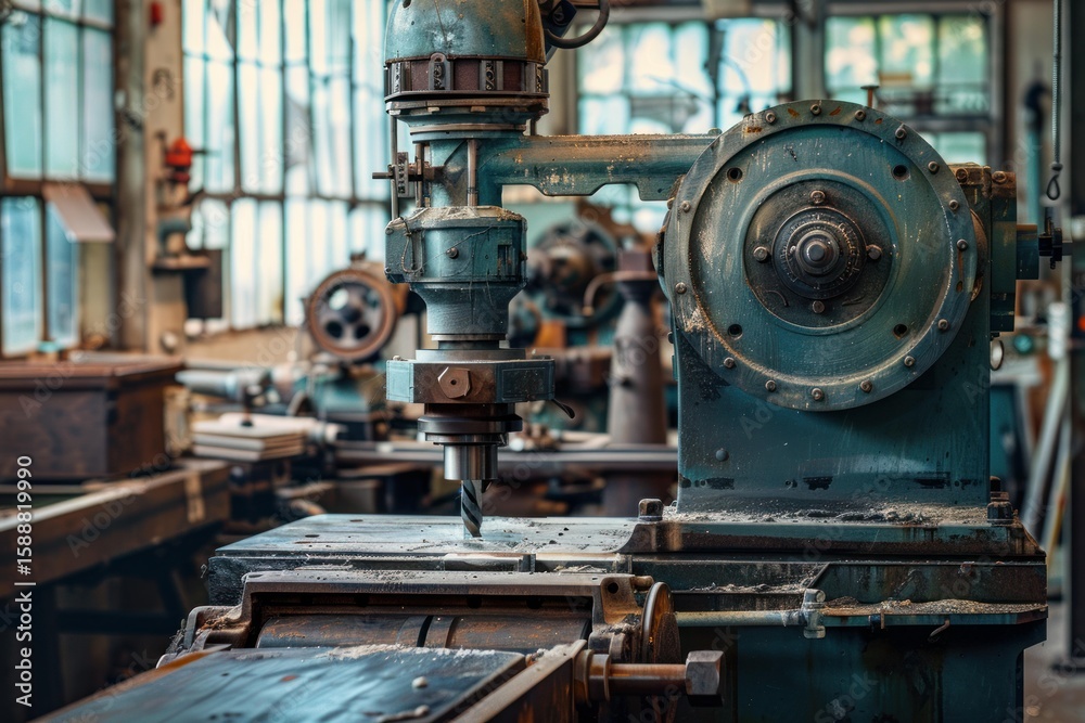 Vintage drilling machine performing a task in a cluttered workshop ...