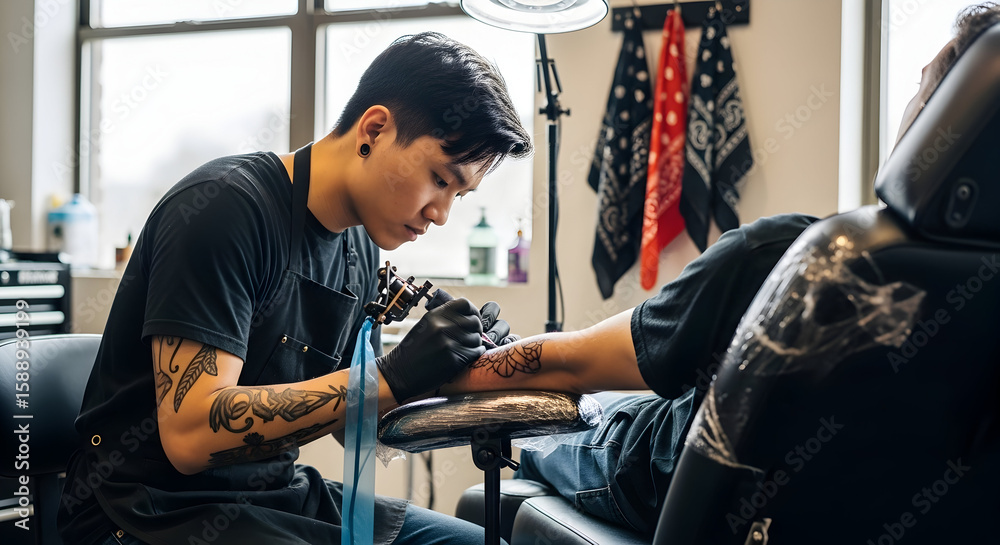 Professional tattoo artist creating a new tattoo on a client's arm in a ...